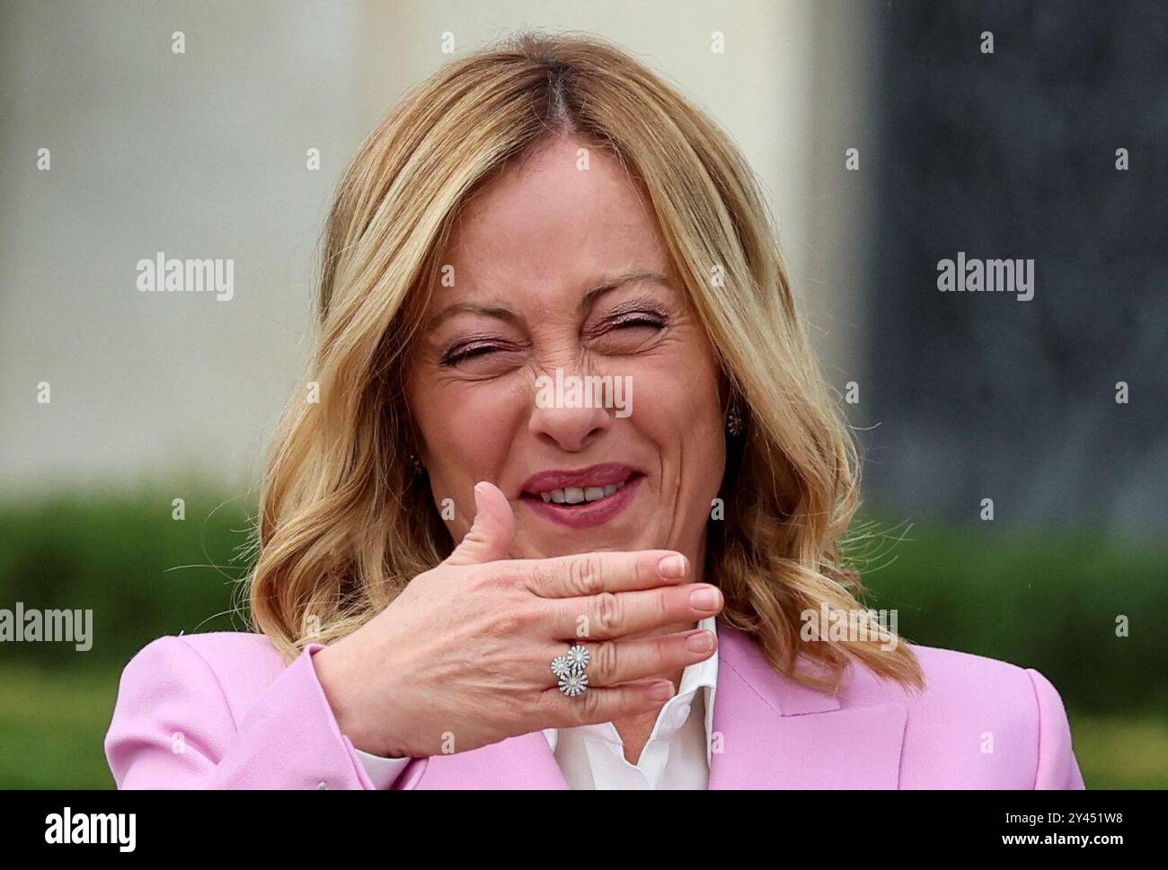 Italian Prime Minister Giorgia Meloni reacts during her meeting with ...