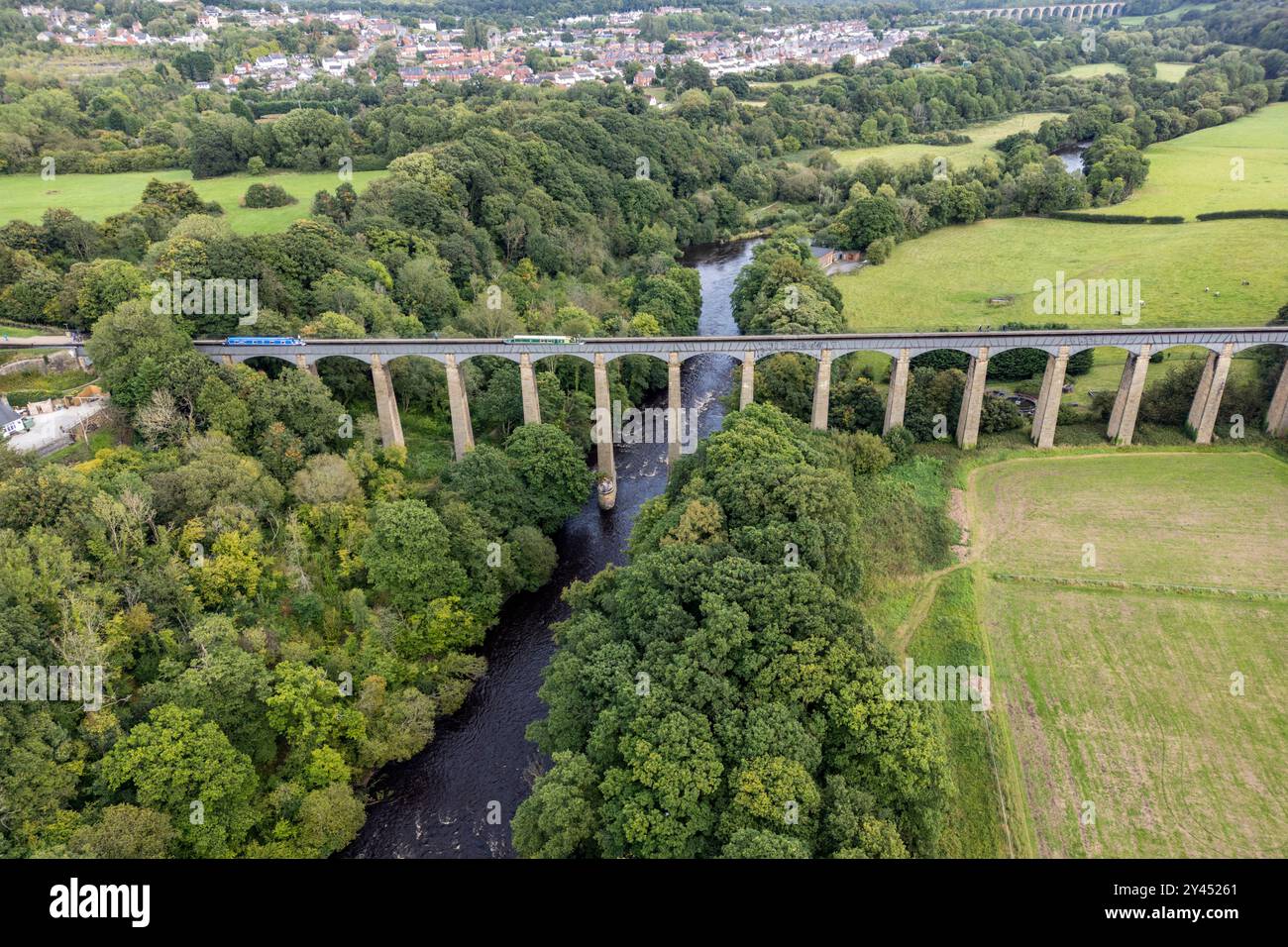 Narrow boats pass over the Pontcysyllte Aqueduct in North Wales, its 19 ...