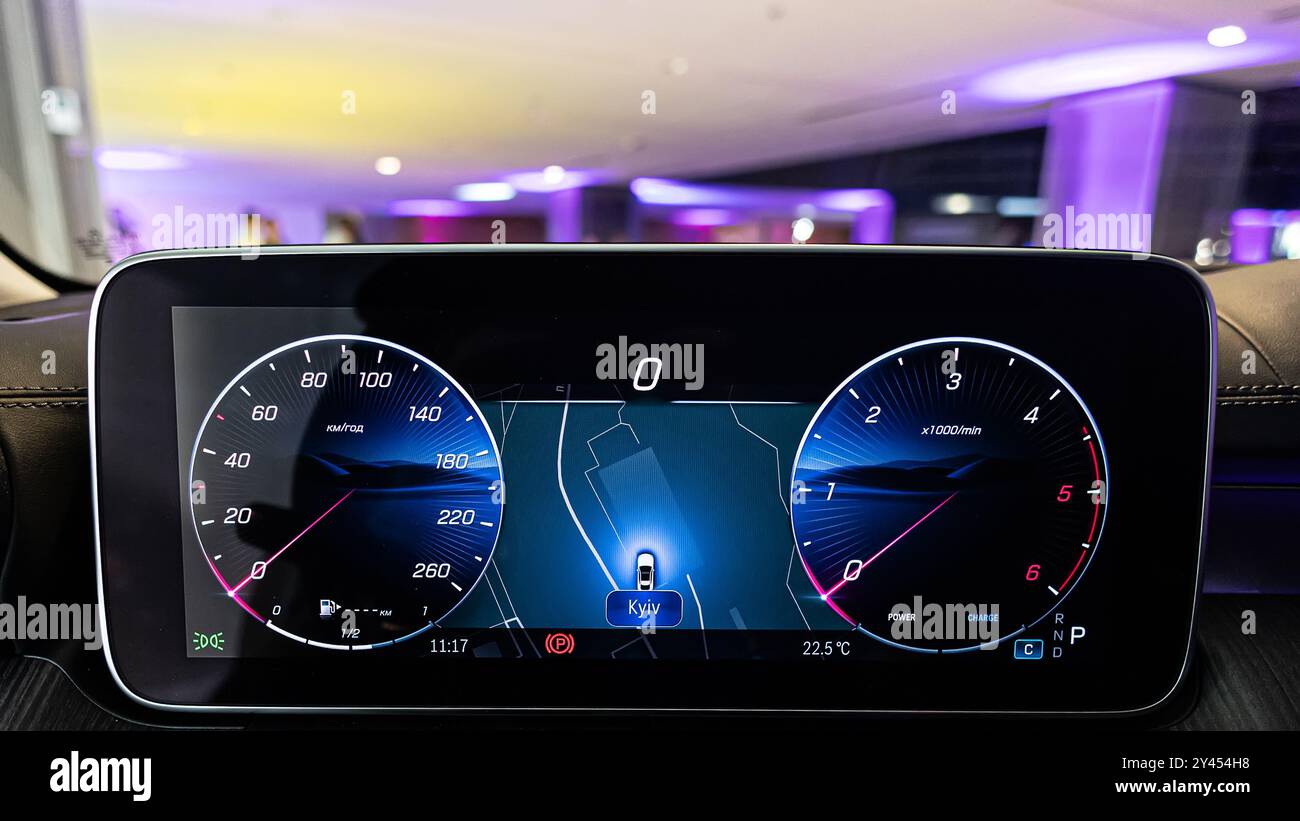Digital dashboard showing the speedometer and tachometer. Luxury ...