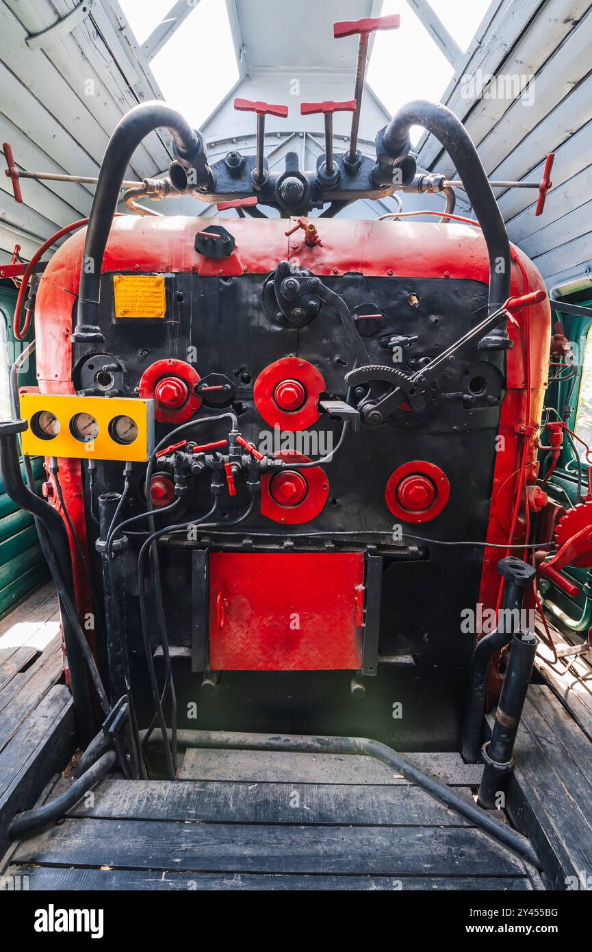 view of the boiler room in the driver's cabin of the old train ...