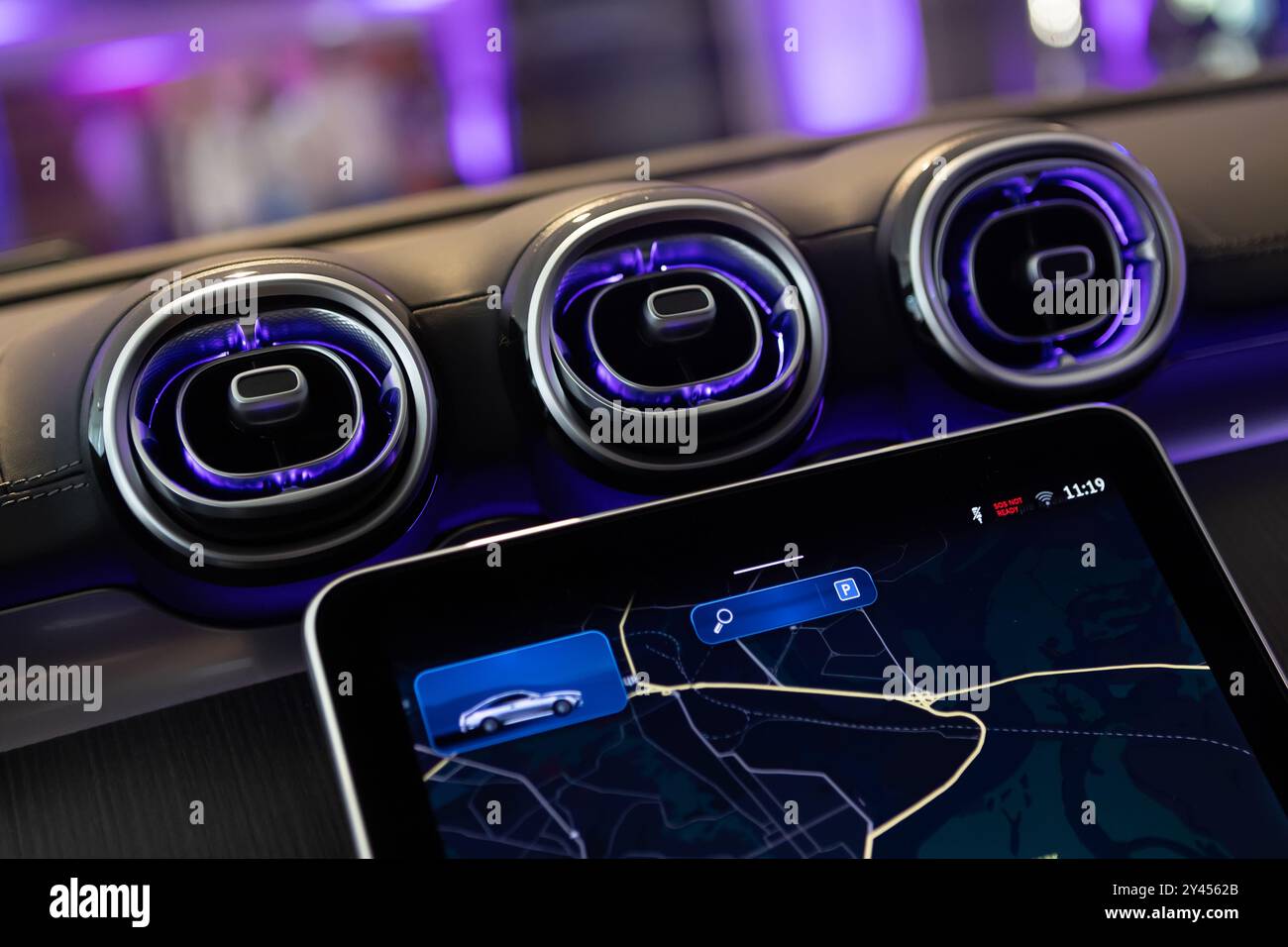 Close-up of a luxury car's interior dashboard, showcasing advanced ...