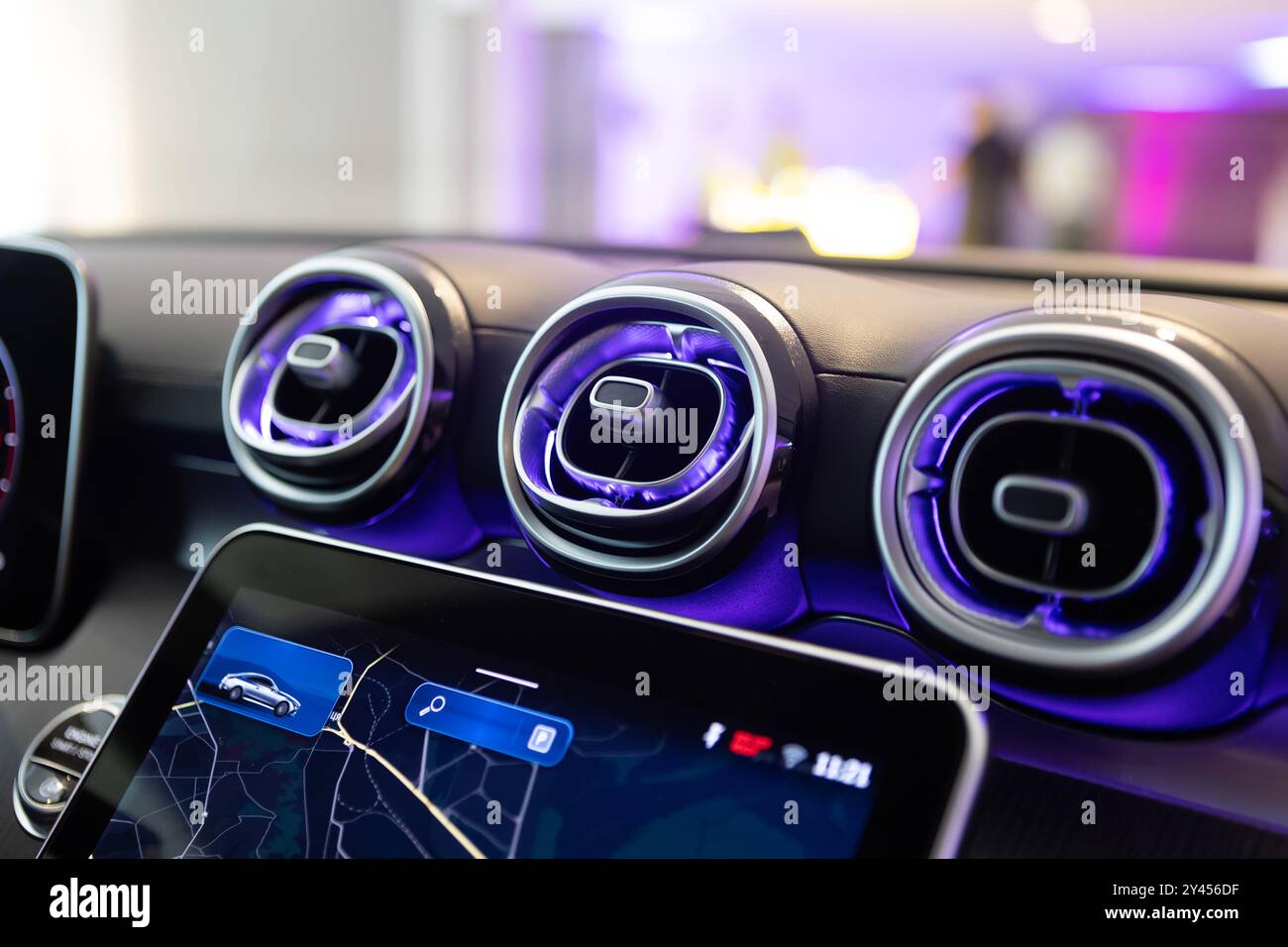 Close-up of a luxury car's interior dashboard, showcasing advanced ...