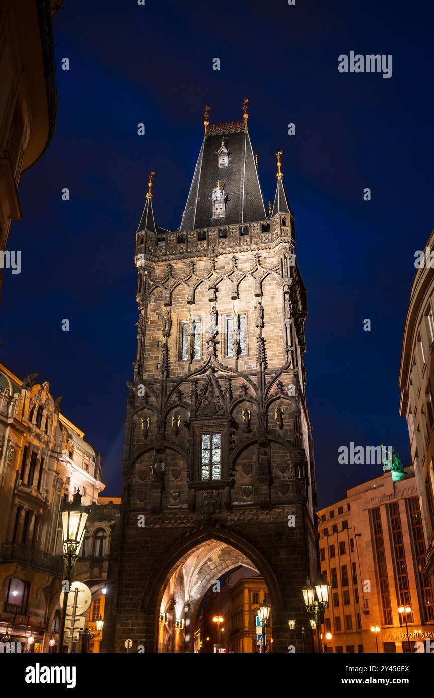 Prašná brána, the Powder Tower of Prague at night Stock Photo - Alamy