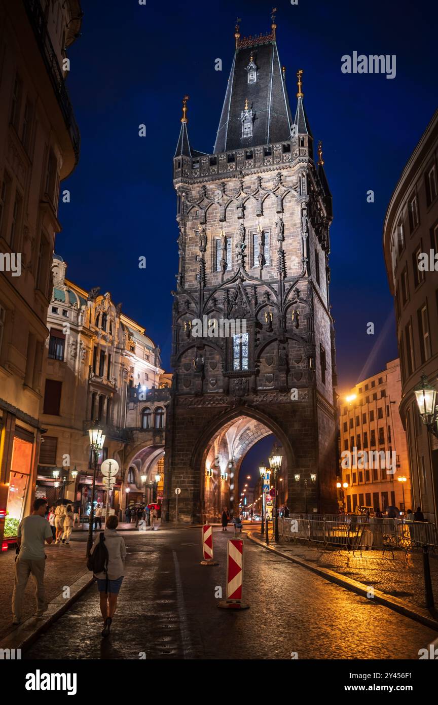 Prašná brána, the Powder Tower of Prague at night Stock Photo - Alamy