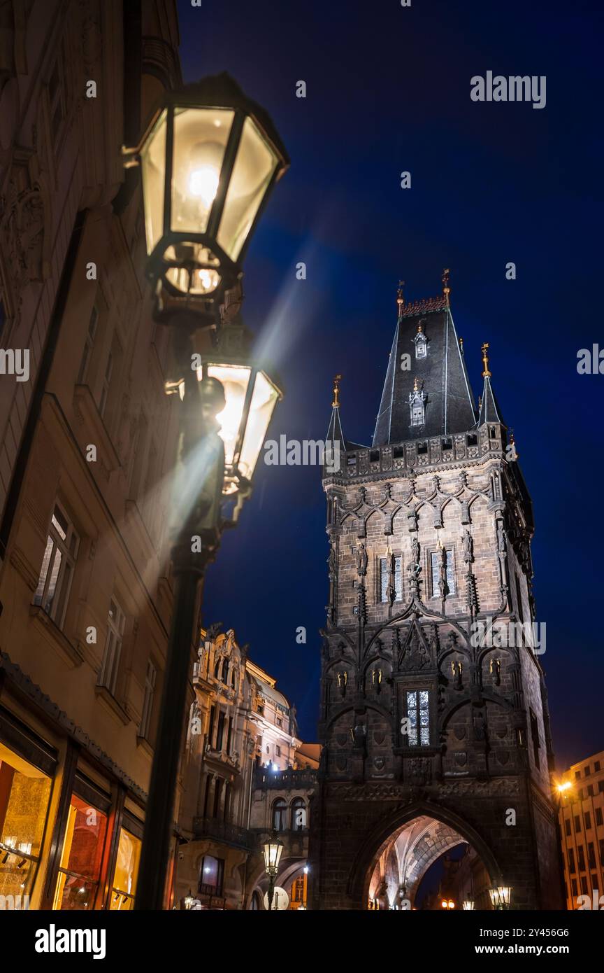 Prašná brána, the Powder Tower of Prague at night Stock Photo - Alamy