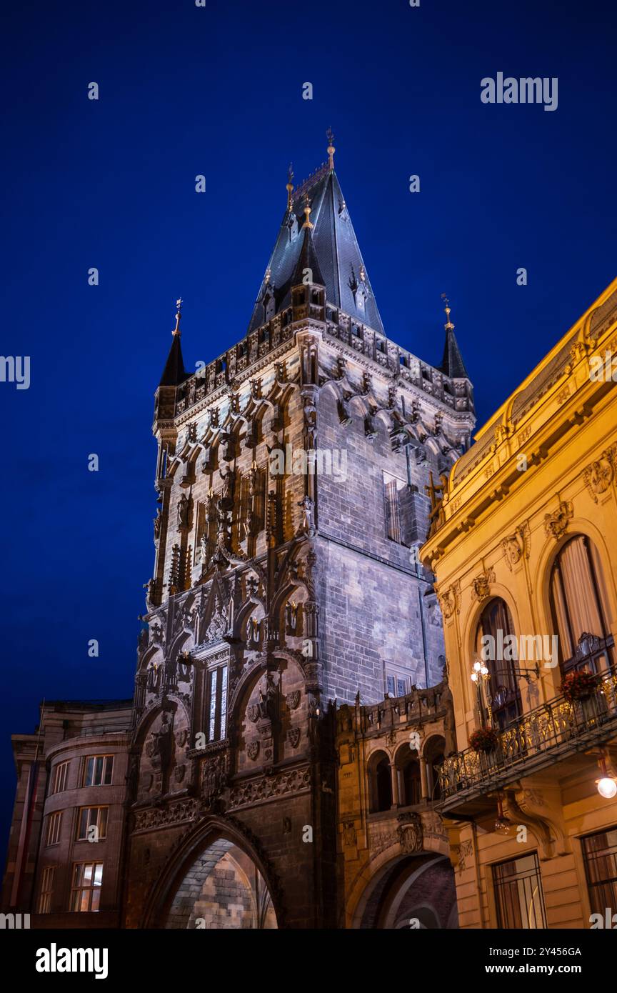 Prašná brána, the Powder Tower of Prague at night Stock Photo - Alamy