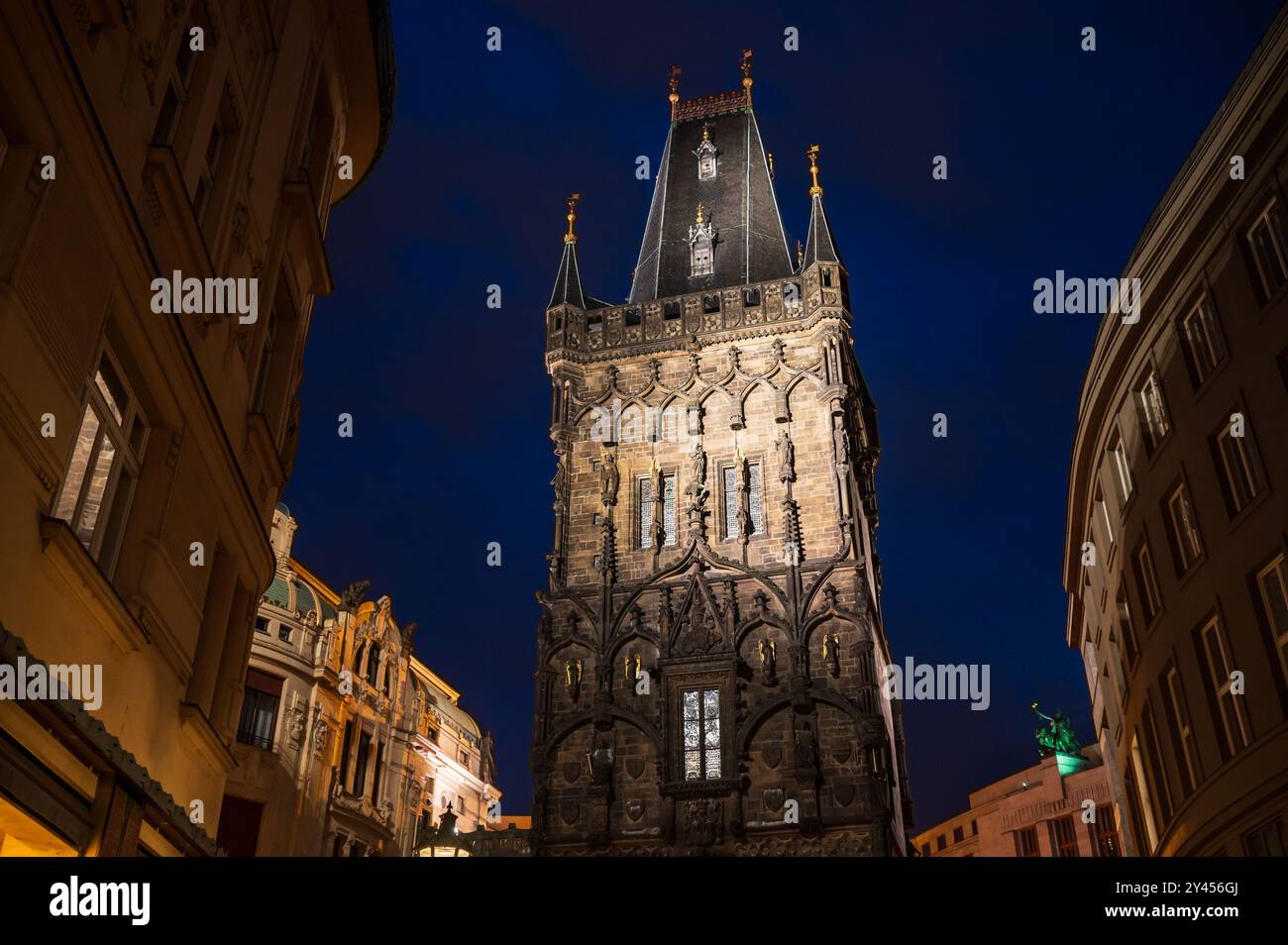 Prašná brána, the Powder Tower of Prague at night Stock Photo - Alamy