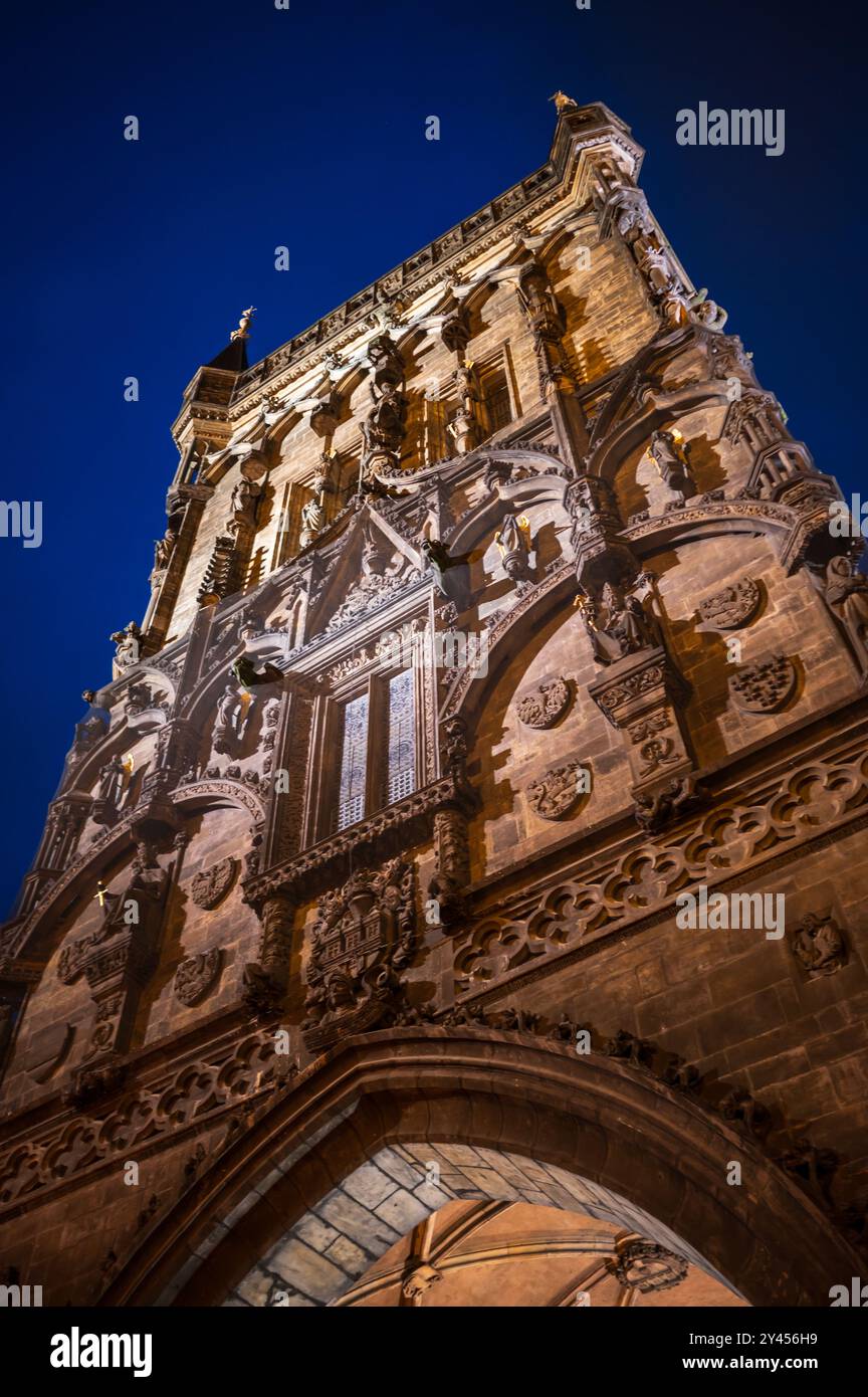 Prašná brána, the Powder Tower of Prague at night Stock Photo - Alamy