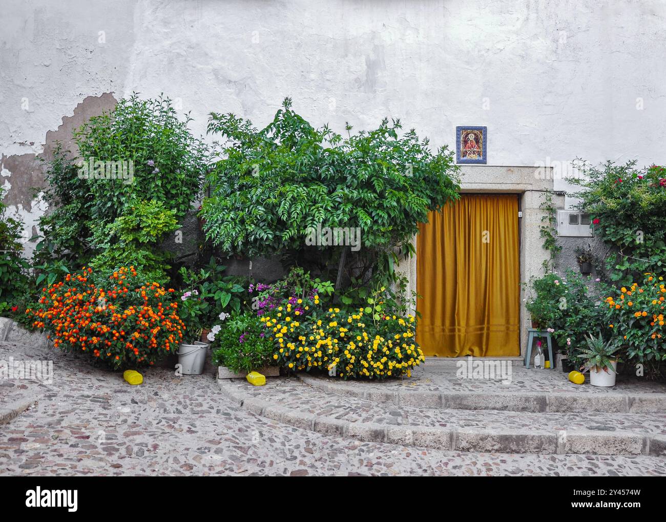 Traditional Spanish house decorated with flowers and plants outside ...
