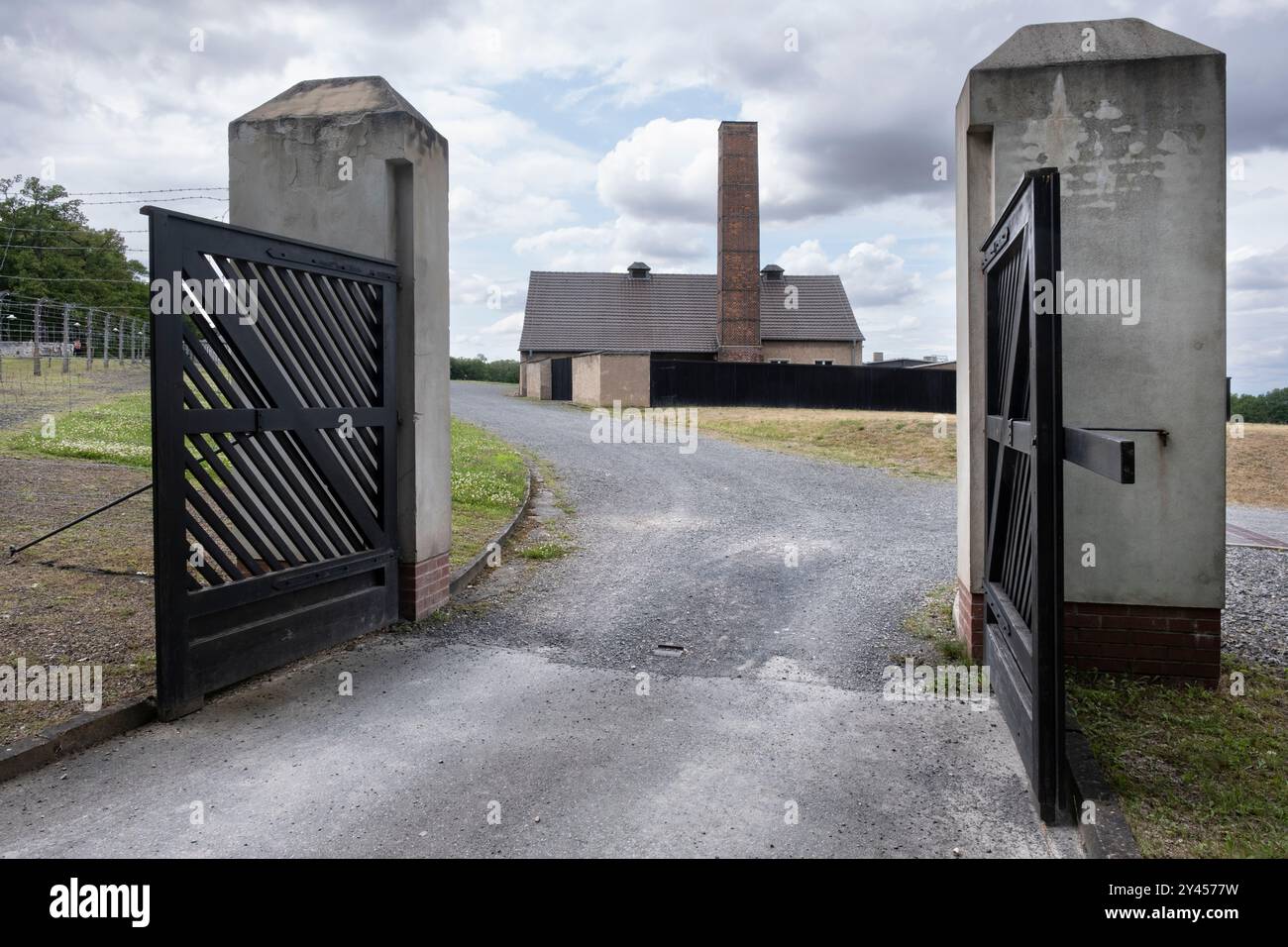 Buchenwald concentration camp site. Opened entrance gate with heavy ...