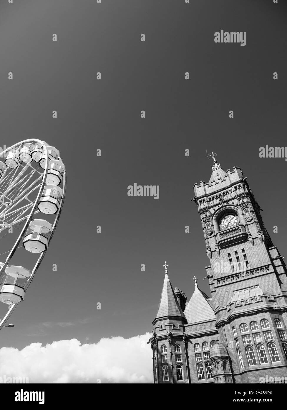 Black and White, The Giant Wheel and the Pierhead Building, Cardiff Bay ...