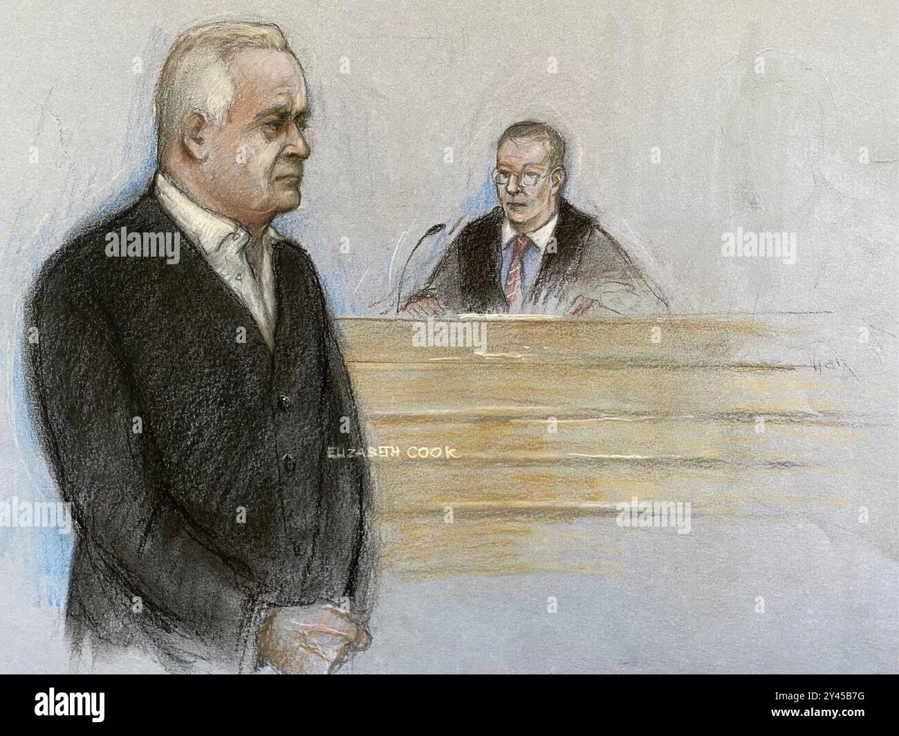 Court artist drawing by Elizabeth Cook of former BBC broadcaster Huw ...