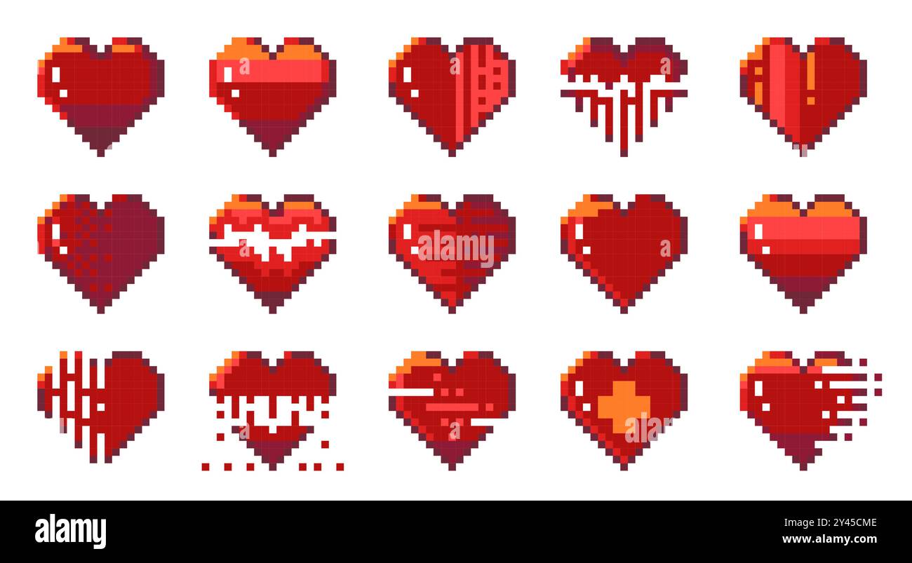 8-bit hearts. Retro video game pixel art romantic heart symbols, love ...