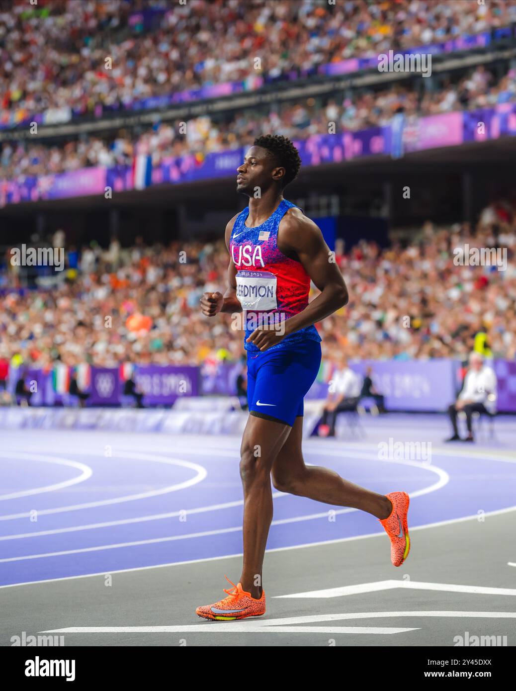 Bryce Deadmon participating in the 4X400 meters relay at the Paris 2024 ...