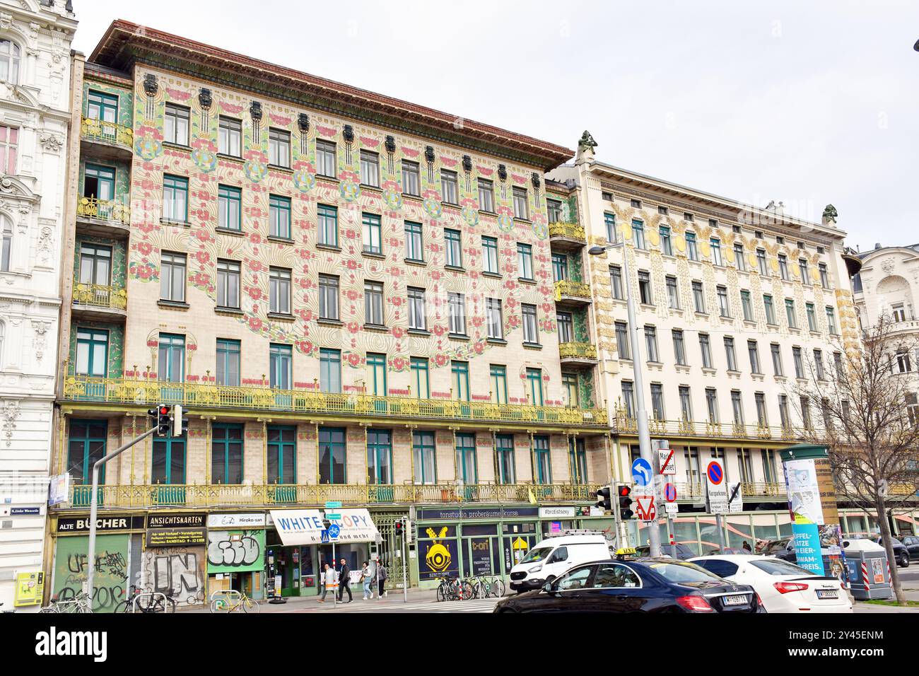 Two Vienna apartment buildings, the Majolika Haus and the medallion ...