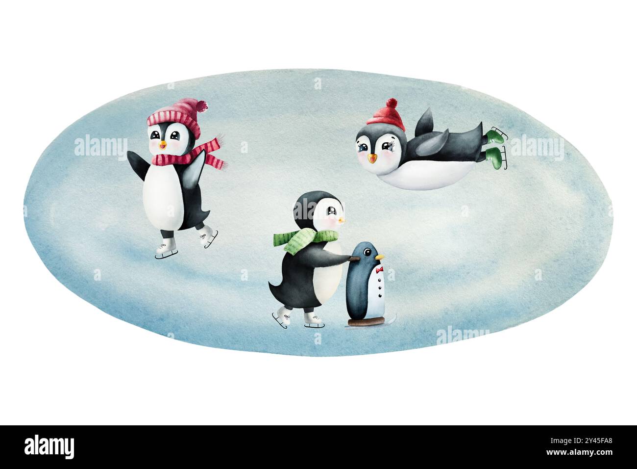 Cute smiling penguins skates on ice rink. Winter, christmas sport ...
