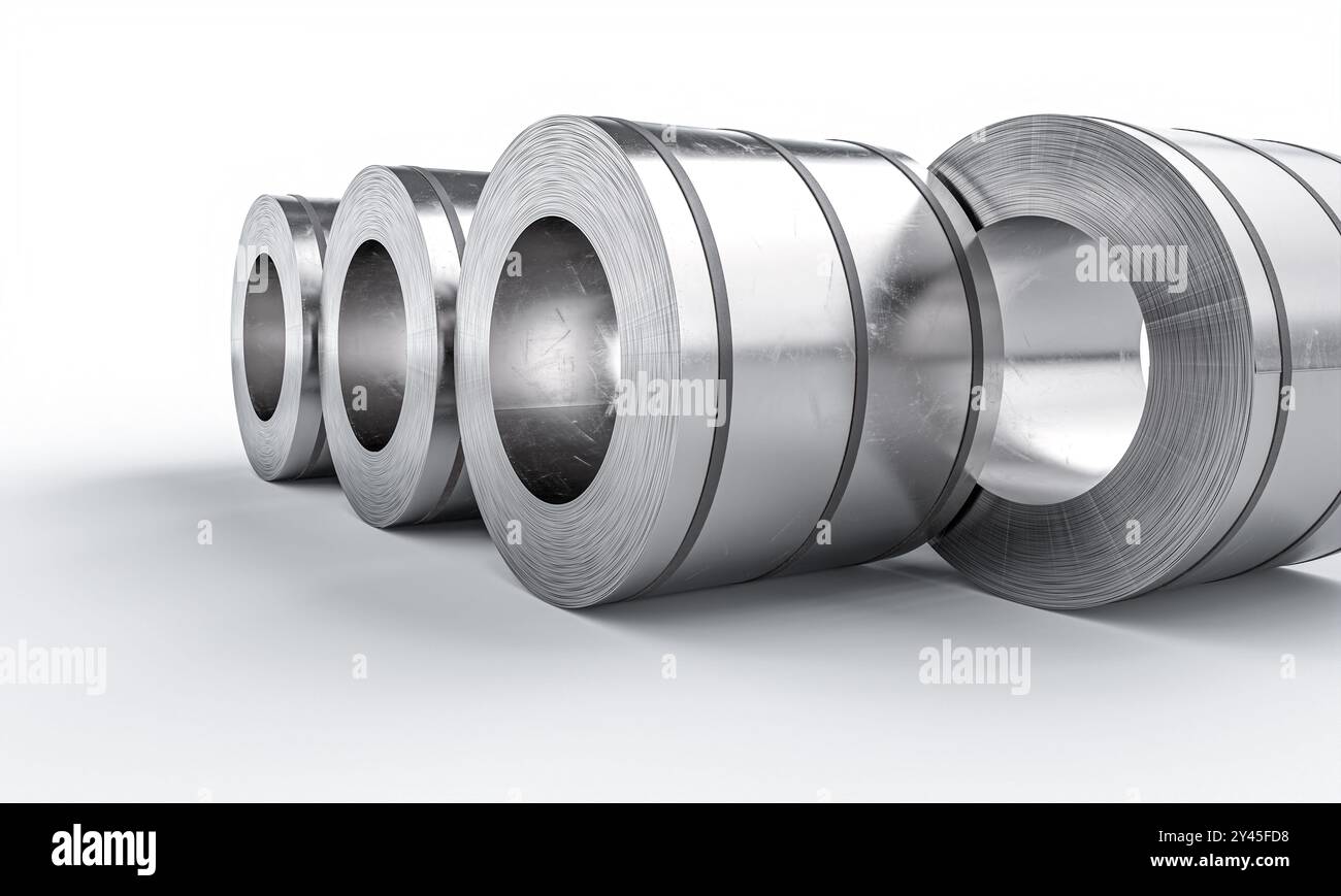 Rolls of steel sheet metal lying in line on white background 3d Stock ...