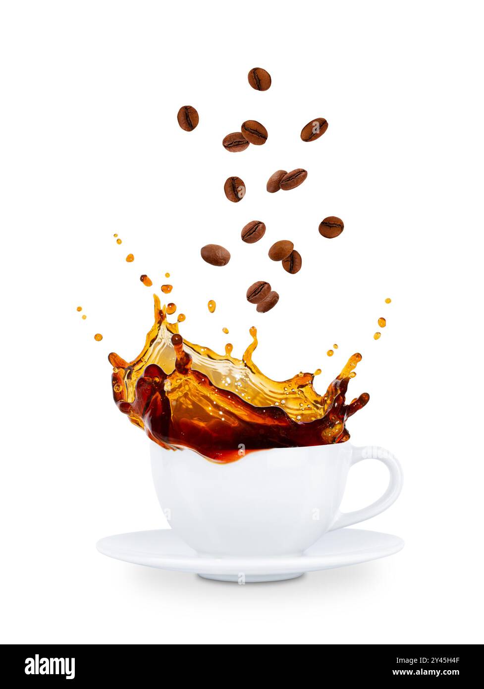 Coffee splash in white with floating coffee beans. Isolated on a white ...