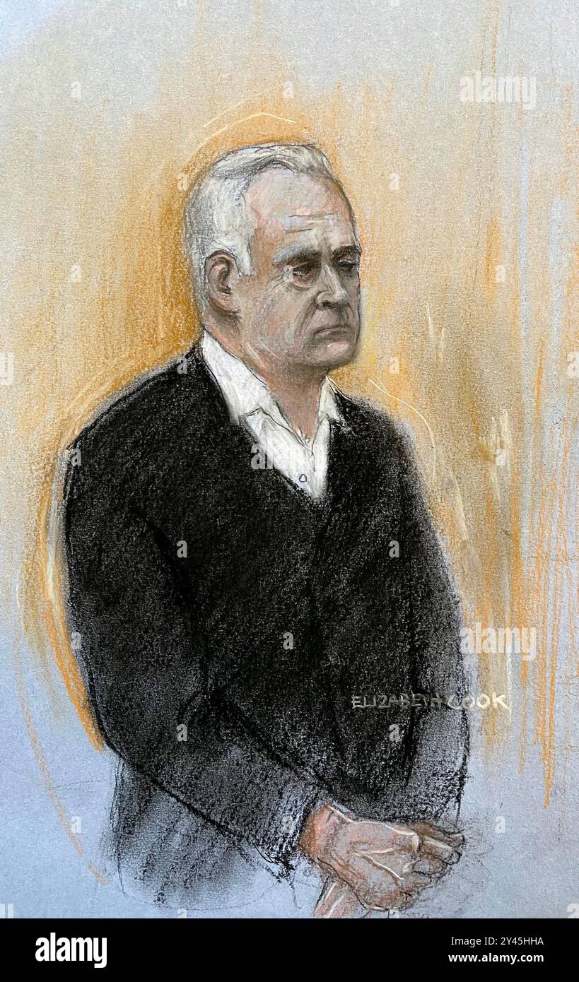 Court artist drawing by Elizabeth Cook of former BBC broadcaster Huw ...