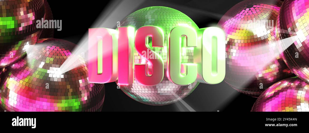 logo disco with silver text in front of mirror balls - 3D rendering ...