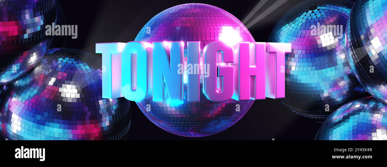text TONIGHT, mirror balls, black background, web banner to announce ...