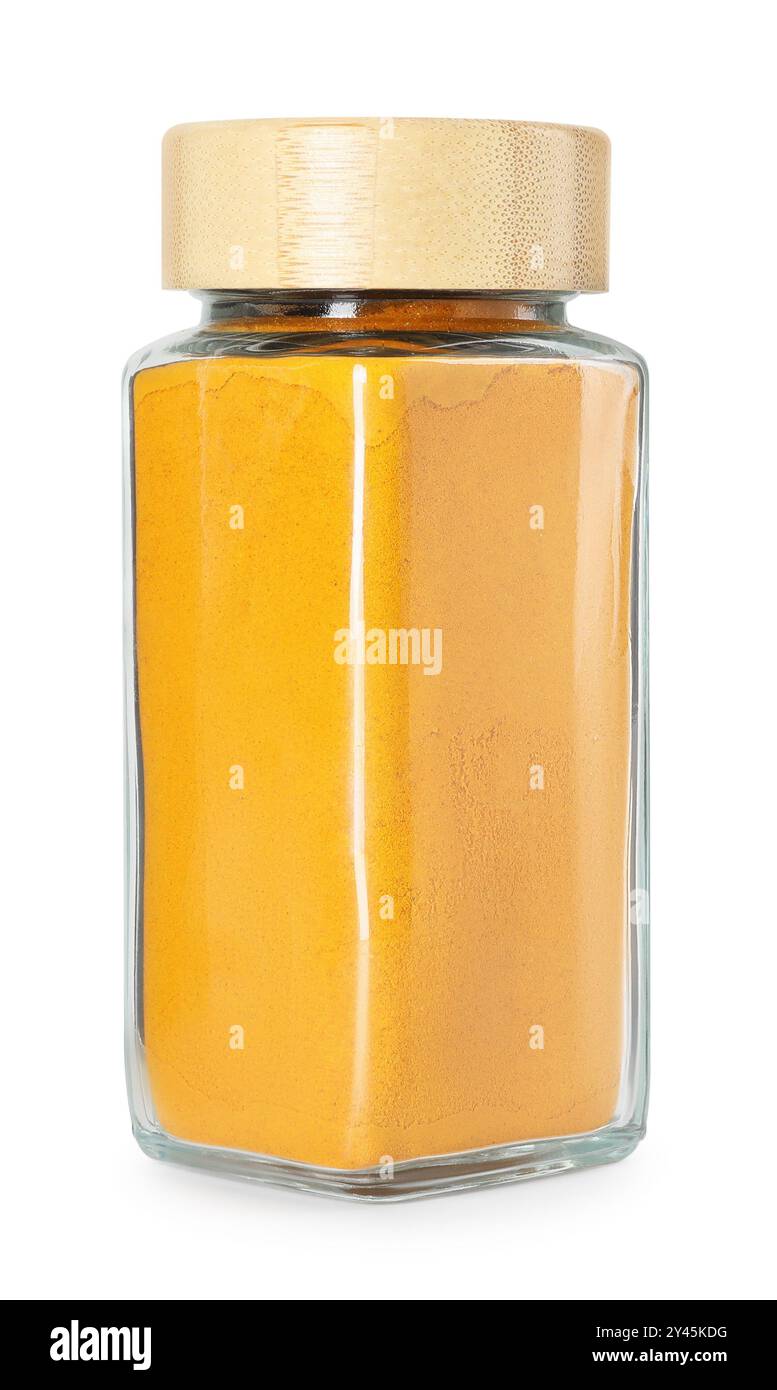 Curry powder in glass jar isolated on white Stock Photo - Alamy