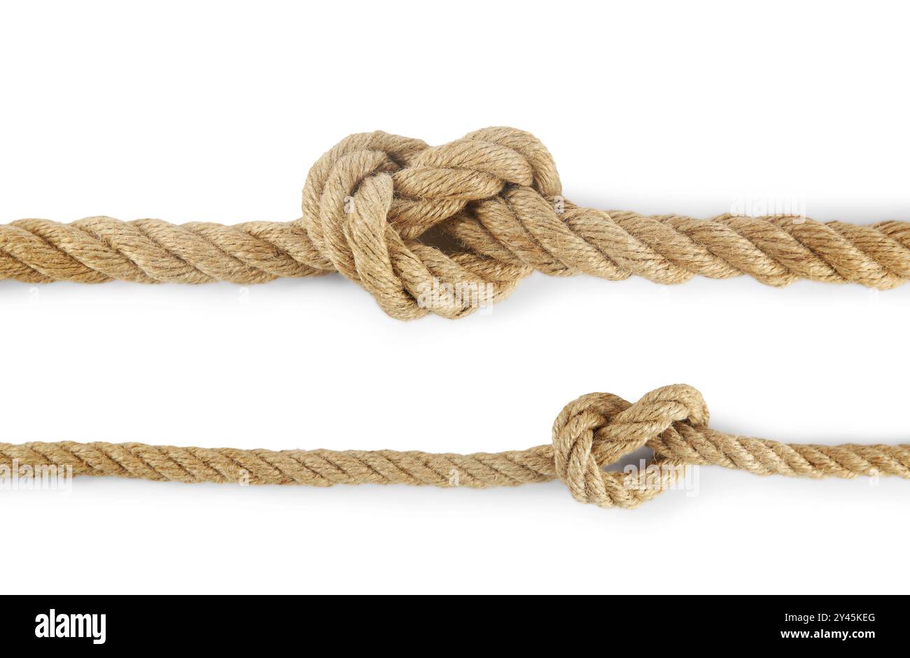 Hemp ropes with knots isolated on white, top view Stock Photo - Alamy
