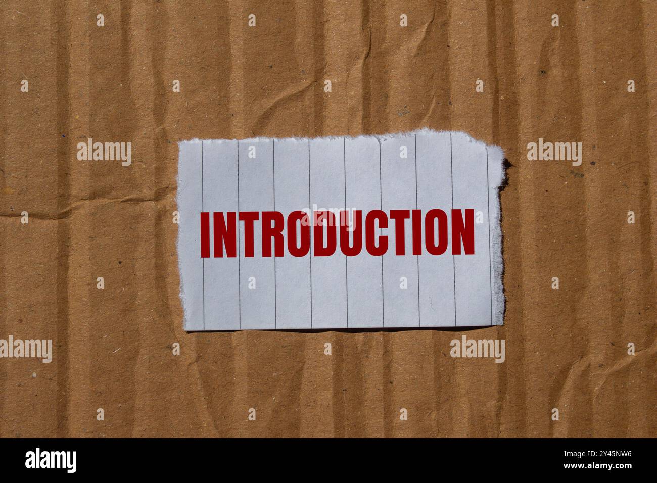 Introduction message written on ripped torn paper with cardboard ...