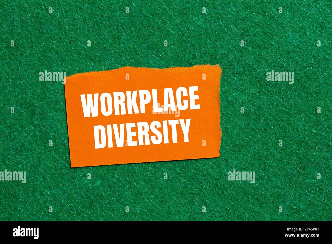 Workplace diversity message written on ripped orange torn paper piece on green background ...