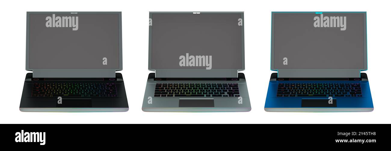 Set of modern laptops with rgb lights isolated on white background with ...
