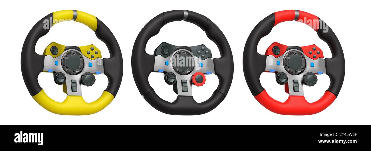 Set of racing game steering wheels isolated on white background with ...