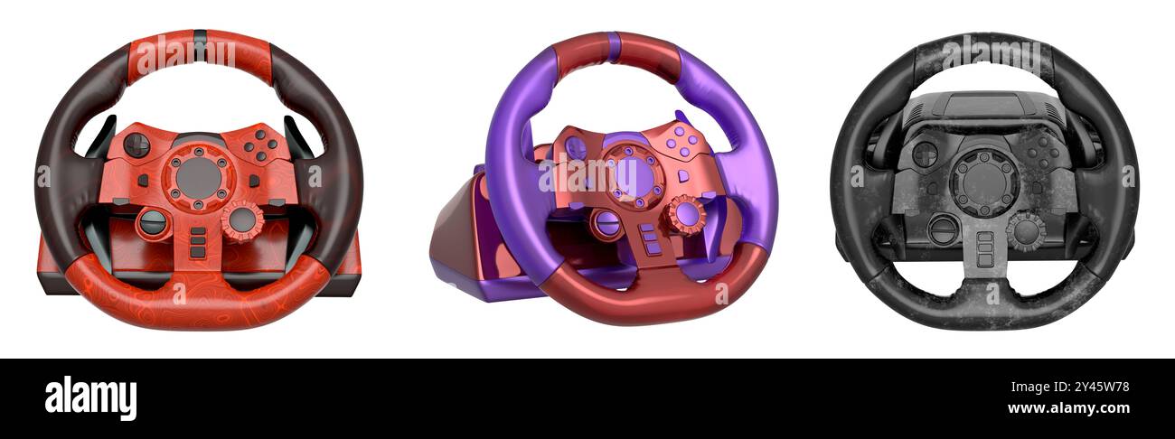 Set of racing game steering wheels isolated on white background with ...