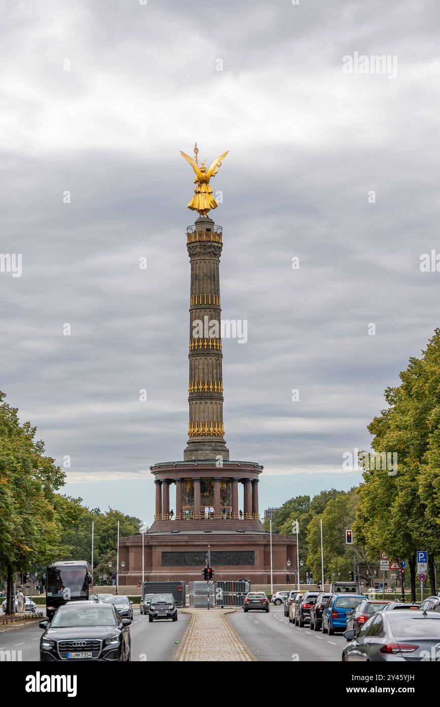 Germany Berlin September 15, 2024. The tall, golden-colored monument ...