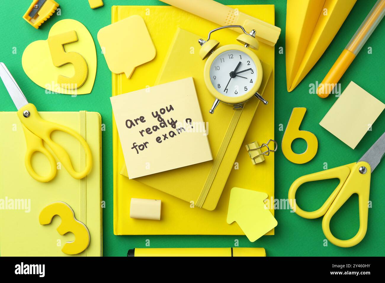 Paper note with question Are You Ready For Exam and stationery on green ...