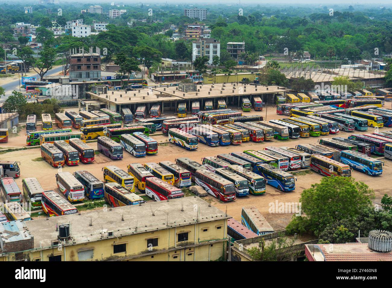 Bangladesh, Rajshahi - 04.21.2023: Aerial view of bus depot with ...