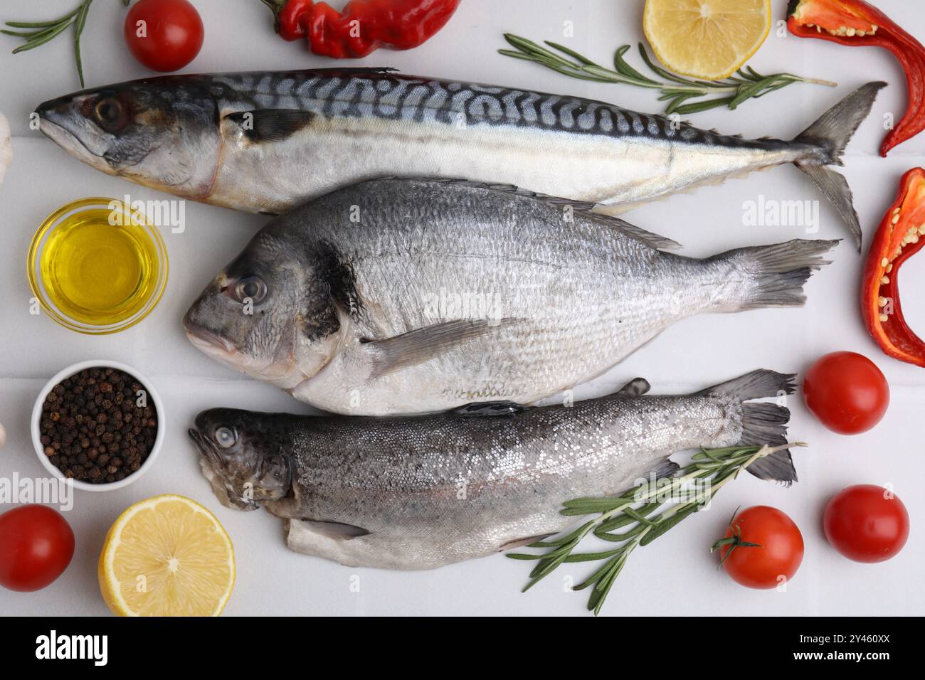 Sea food. Different types of raw fish and products on white tiled table ...