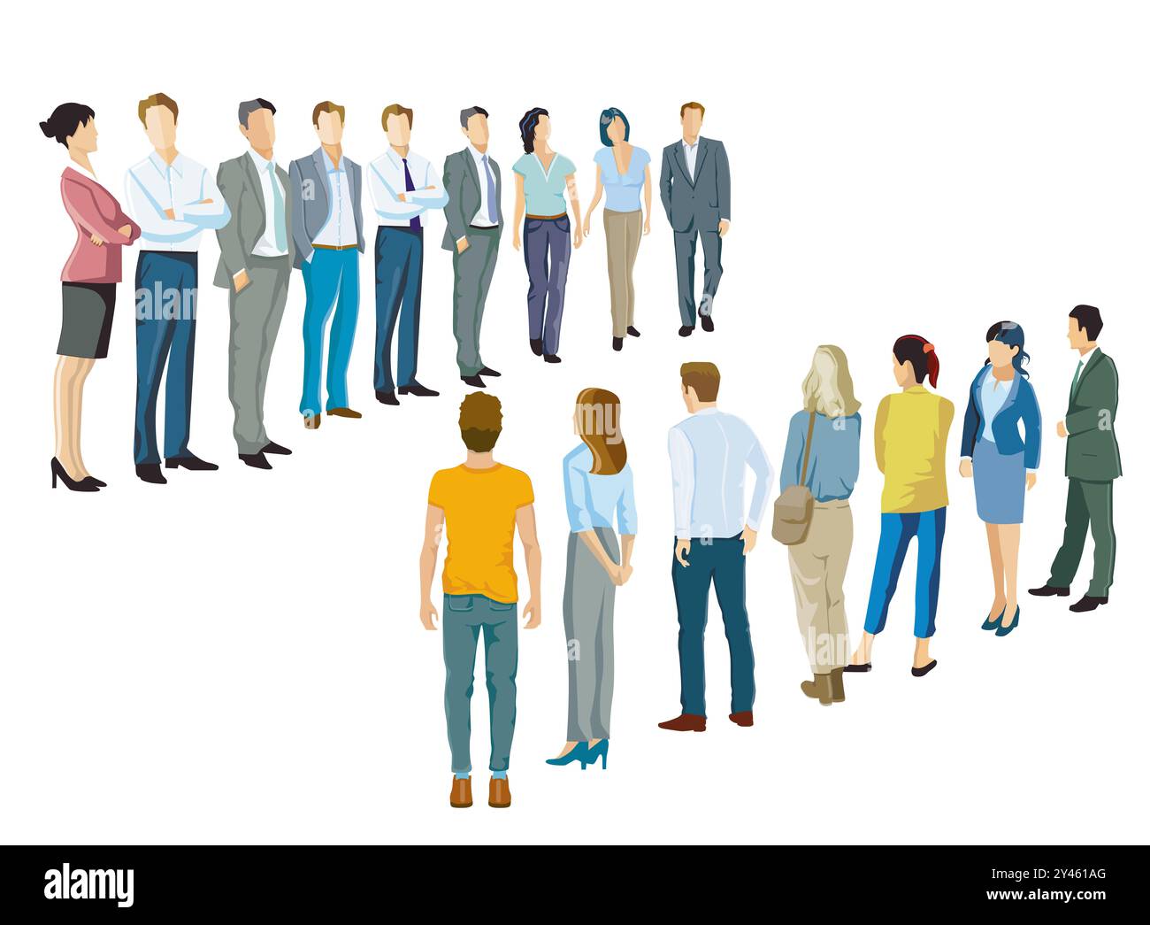 two groups of people facing each other, illustration Stock Photo - Alamy