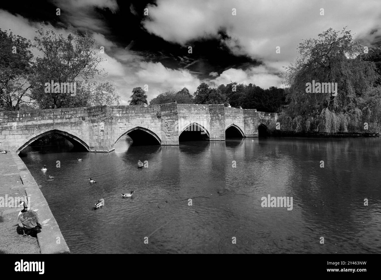 The stone road bridge over the river Wye, Bakewell Town, Peak District ...