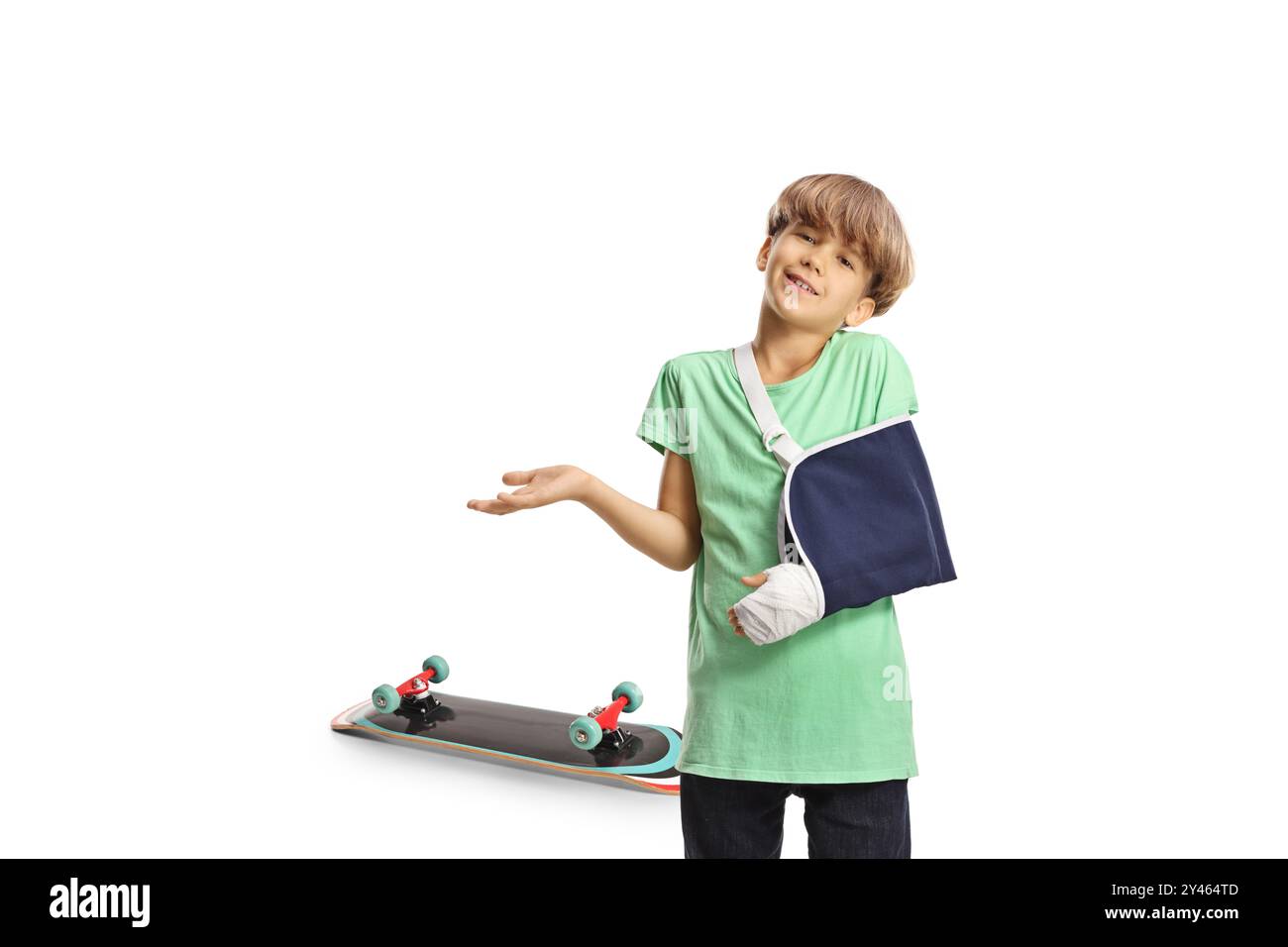 Boy with a broken arm wearing an arm splint, skateboard injury concept ...
