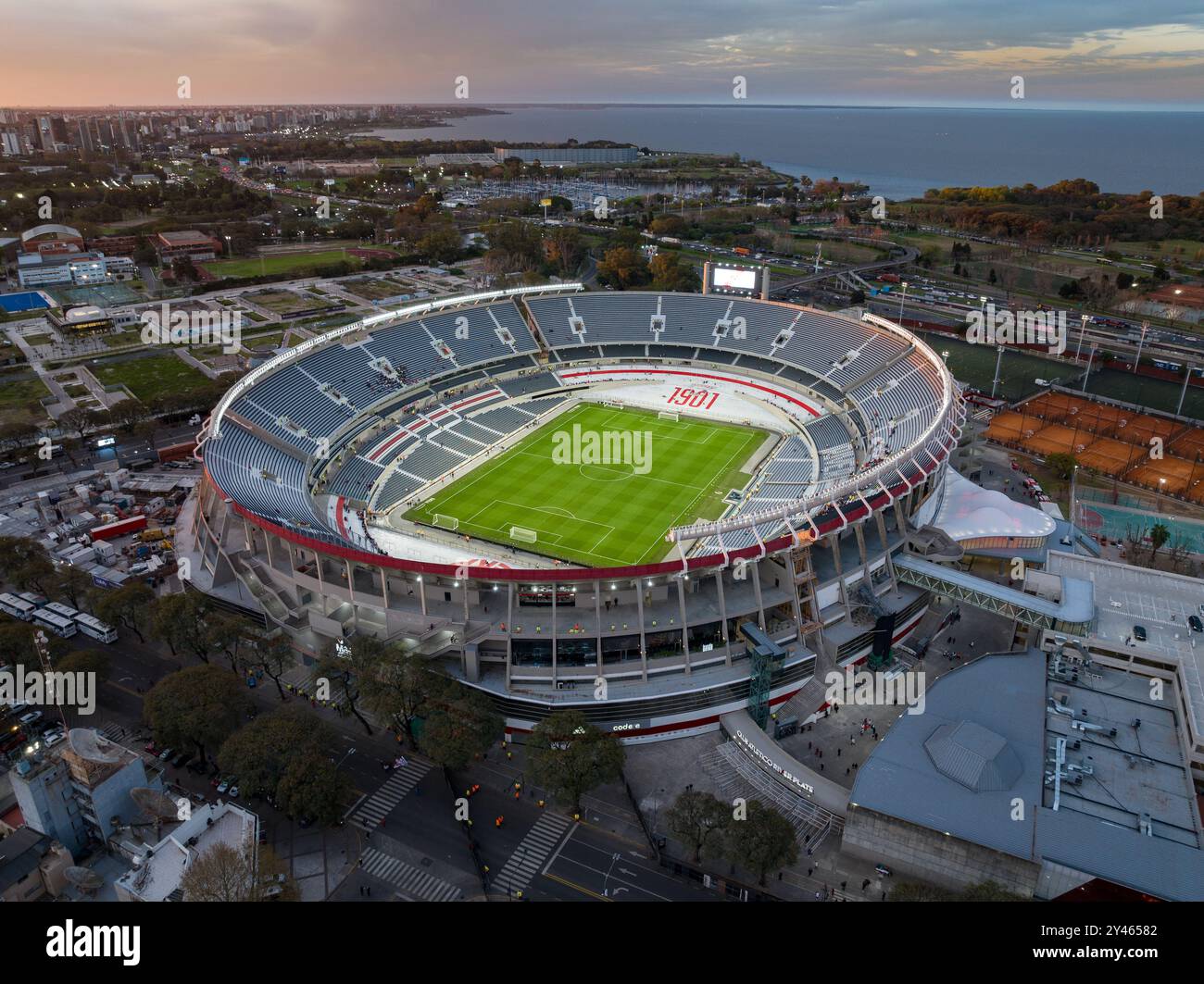 Aerial view of the River Plate football team stadium at sunset. The ...