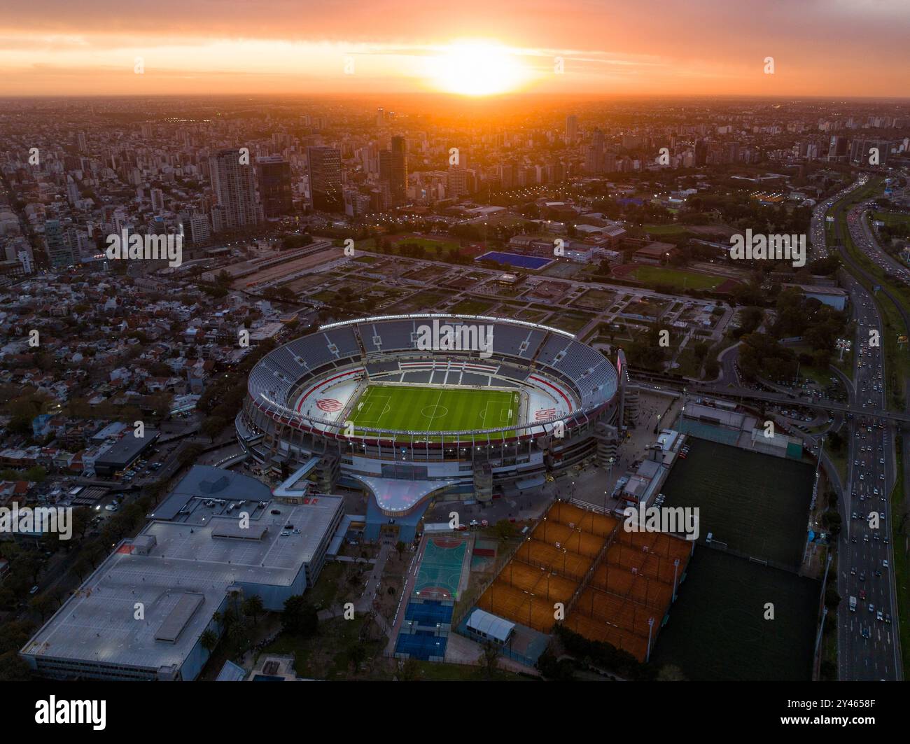 Aerial view of the River Plate football team stadium at sunset. The ...