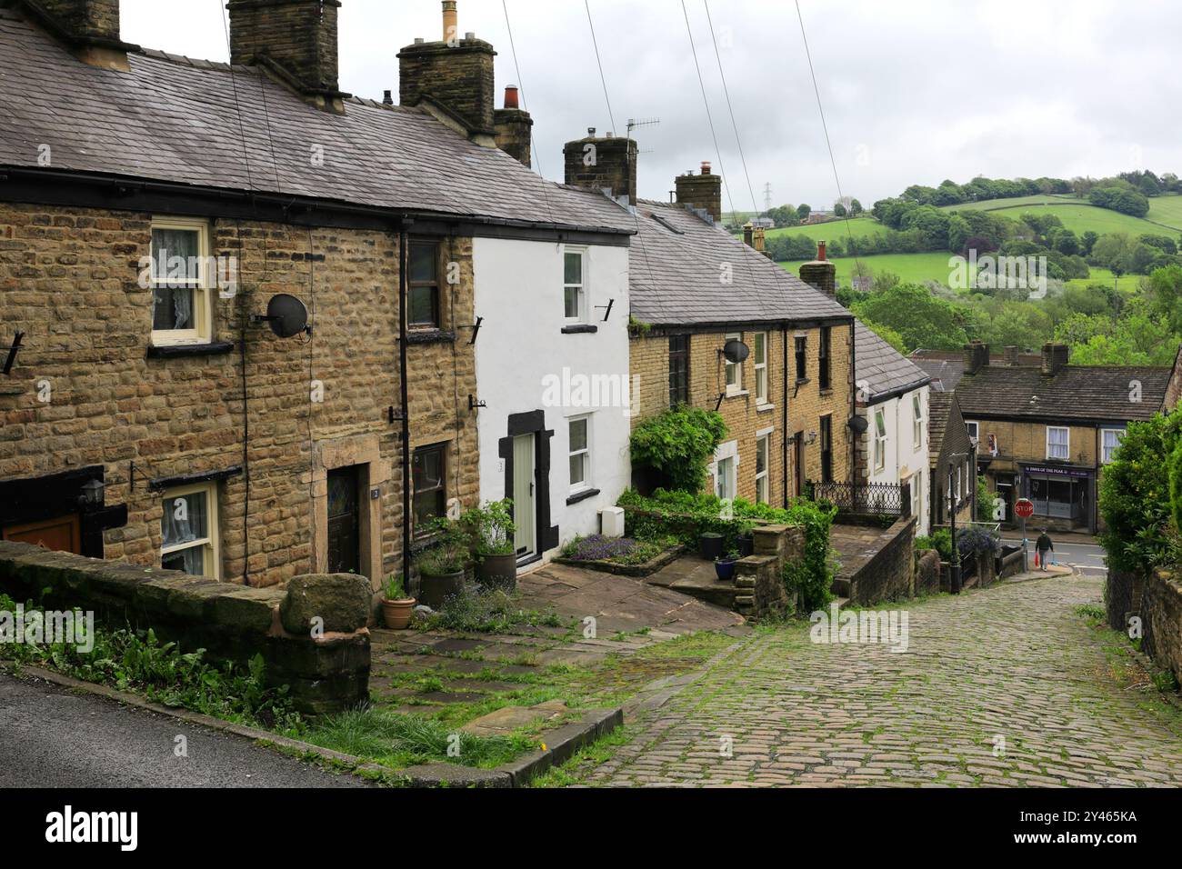 Street view of Chapel en le Frith town, Derbyshire, Peak District ...