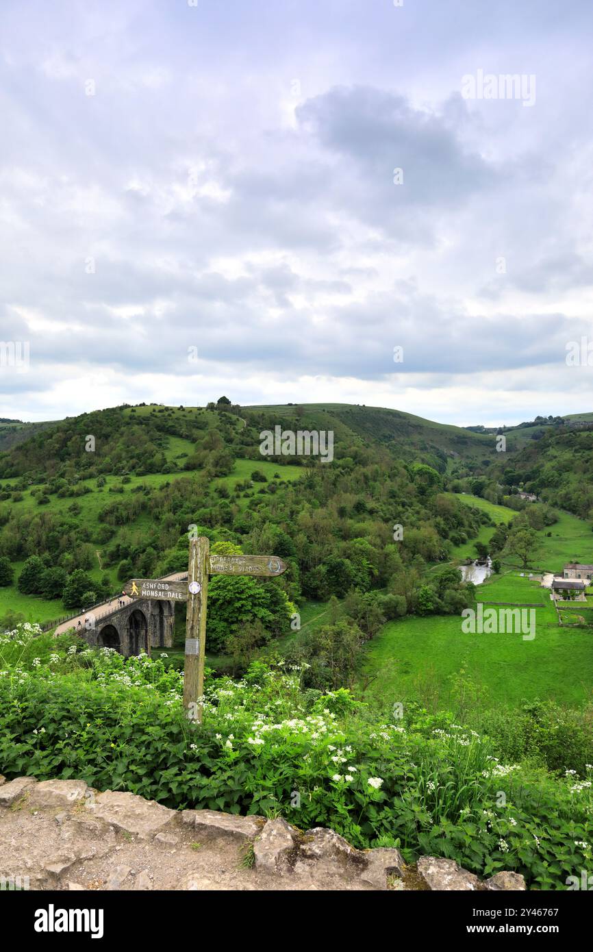 View over the old railway viaduct at Monsal Head, river Wye, Peak ...