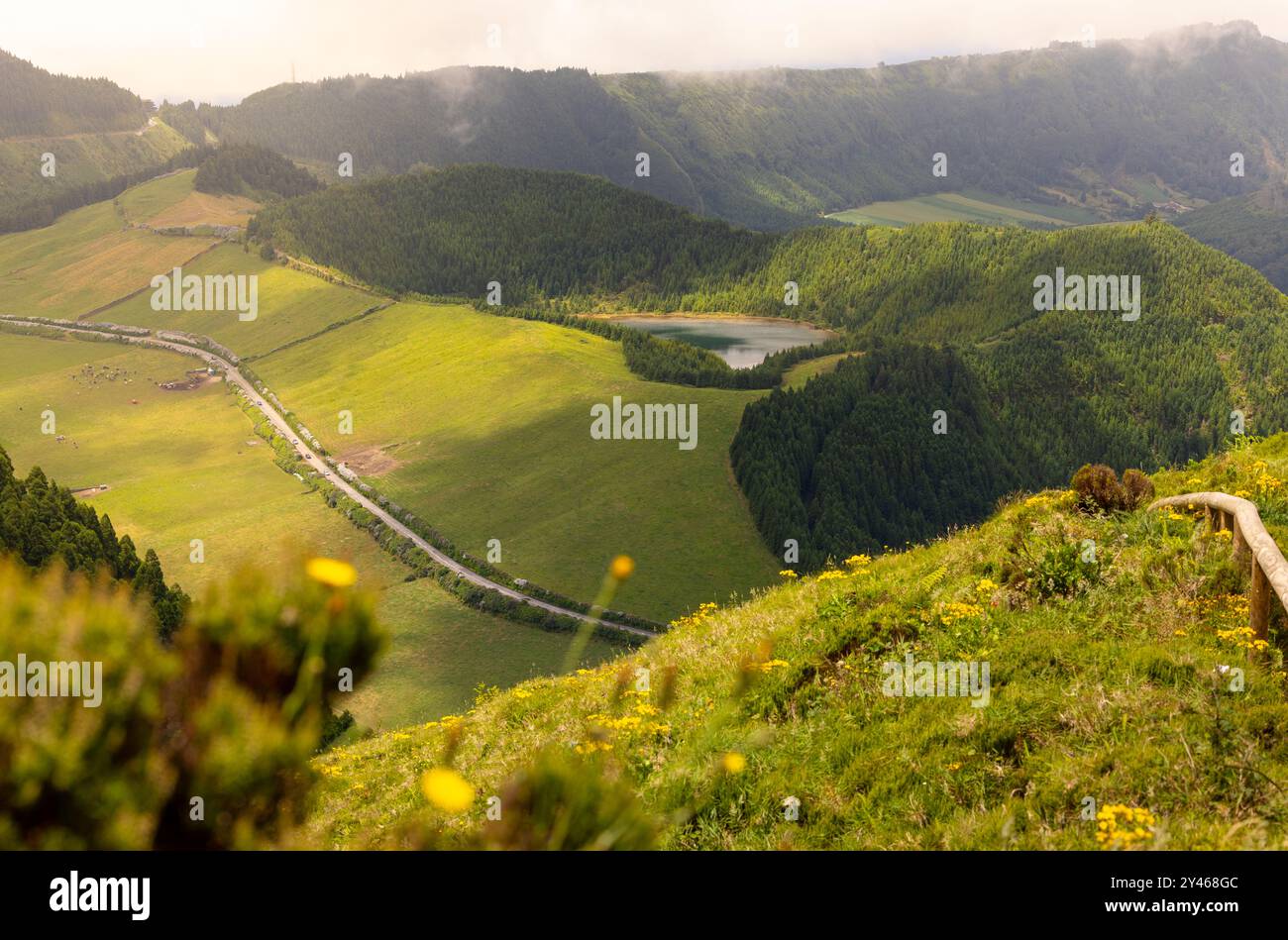 Beautiful landscape in Sete Cidades with the green meadow and lagoon of ...