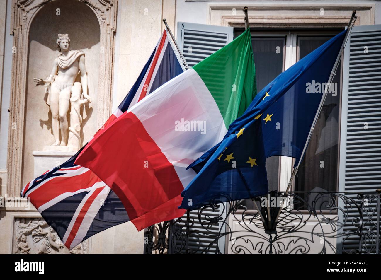 Flags of UK and Italy during the meeting of UK Prime Minister Keir ...
