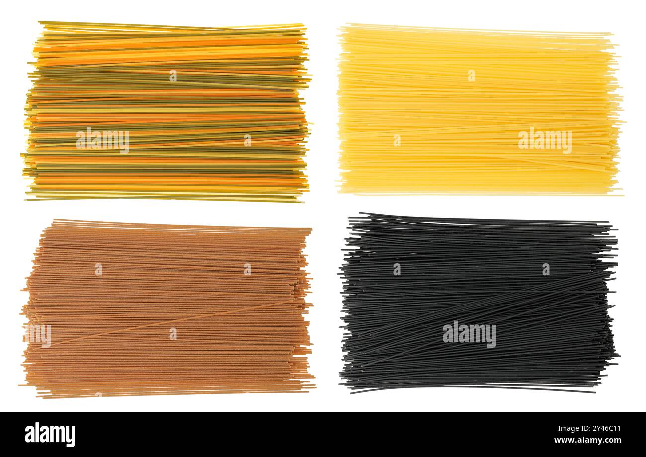 yellow, black and brown spaghetti tricolore pasta isolated on white ...