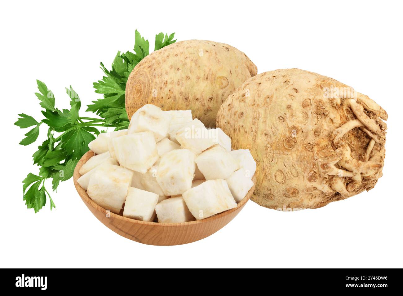 diced celery root in wooden bowl isolated on white background Stock ...