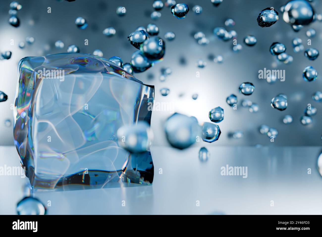 A clear ice cube surrounded by bubbles, creating a refreshing visual effect. 3d rendering Stock ...