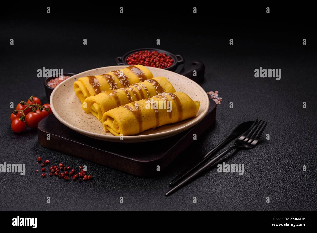 Sweet or savory crepe with different fillings for a hearty breakfast on ...