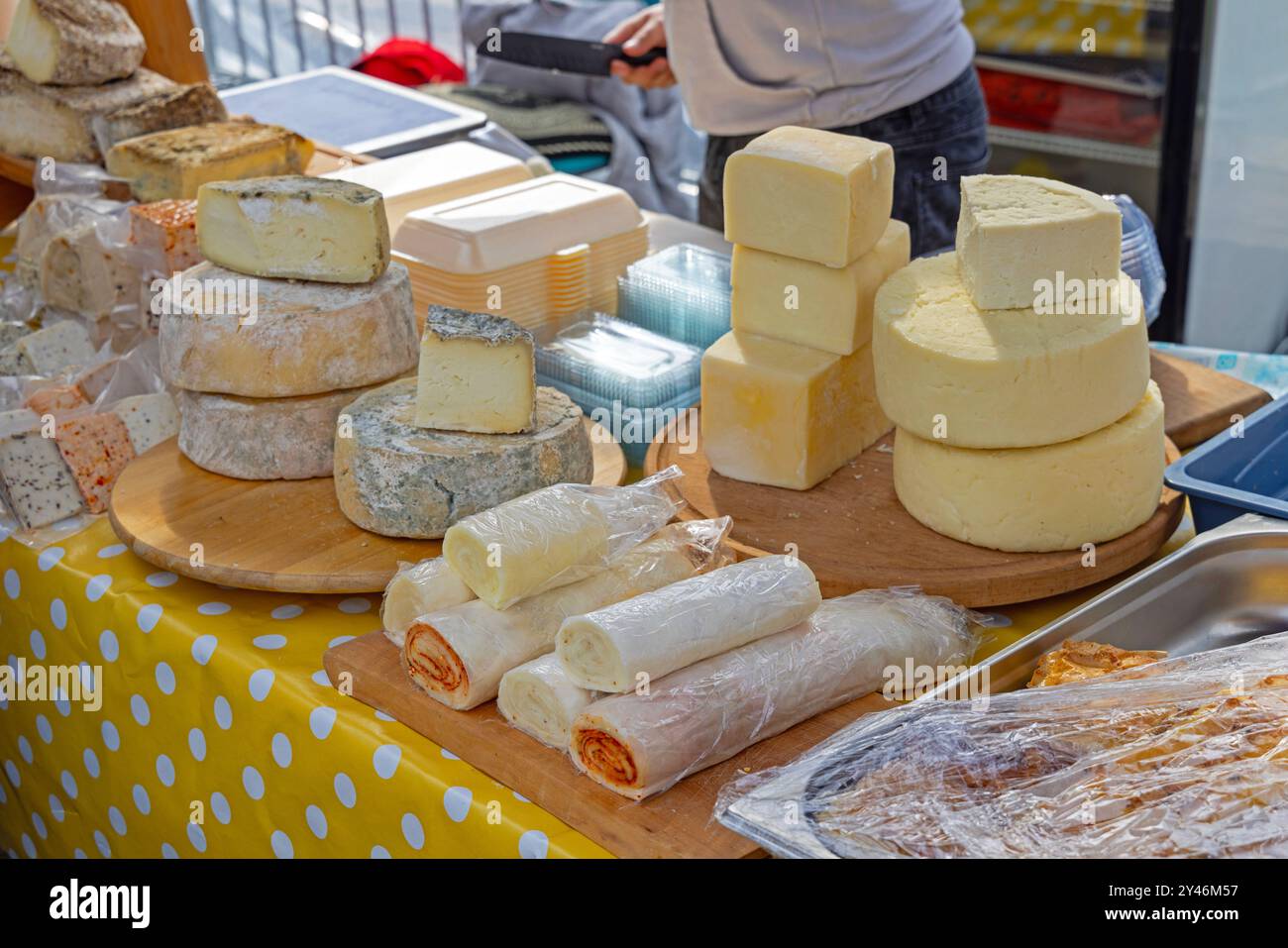 Cows Milk Cheese Dairy Products at Farmers Market Stall Stock Photo - Alamy